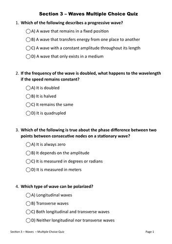 A-Level Physics - Revision Quiz - Waves (AQA) | Teaching Resources