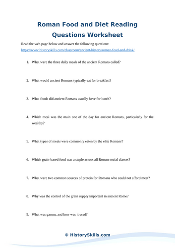Roman Food and Diet Reading Questions Worksheet | Teaching Resources