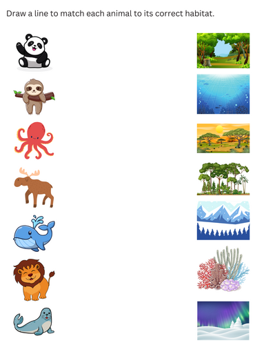 printable match the animal to its habitat worksheet for kindergarten ...