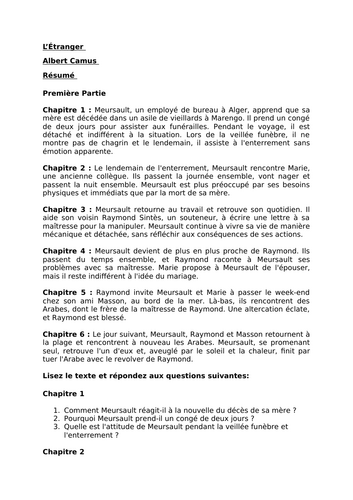 L'Étranger - Albert Camus - Summary Part One - Chapters 1 to 6 - A ...