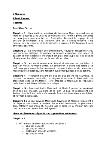 L'Étranger - Albert Camus - Summary Part One - Chapters 1 to 6 - A ...
