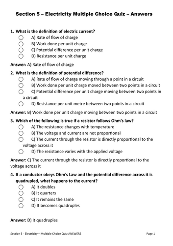A-Level Physics - Revision Quiz - Electricity (AQA) | Teaching Resources