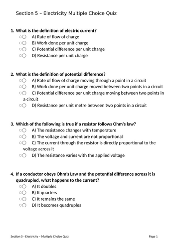 A-Level Physics - Revision Quiz - Electricity (AQA) | Teaching Resources