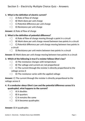 A-Level Physics - Revision Quiz - Electricity (AQA) | Teaching Resources