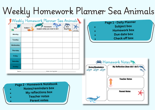 Sea Animals Homework Planner - Back to School, Start of Year | Teaching ...