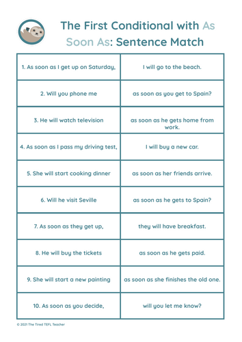 The First Conditional with As Soon As Sentence Match Activity ...