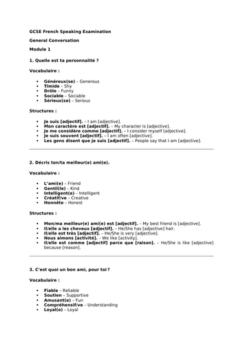 GCSE French Speaking Examination Booklet and Resources (2016 ...