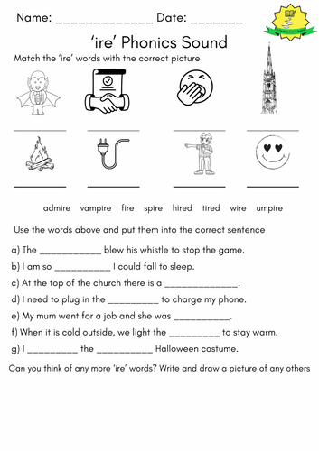 'ire' phonics Worksheet Activity (RWI Set 3 aligned) | Teaching Resources