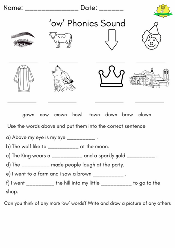 'ow' Phonics Sound Worksheet Activity (brown/cow) | Teaching Resources