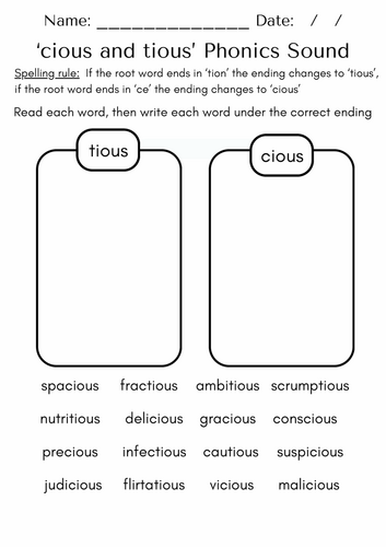 'tious' 'cious' Phonics Sound Worksheet Activity (Set 3 RWI aligned ...