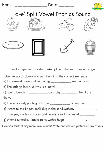 'a-e' split vowel digraph phonics sound worksheet activity (Set 3RWI ...