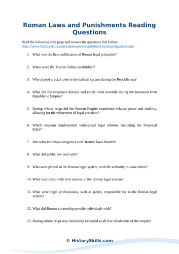 Ancient Rome Laws and Legal System Reading Questions | Teaching Resources