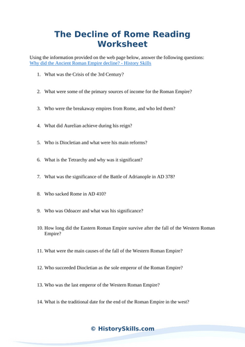 The Decline of Rome Reading Worksheet | Teaching Resources