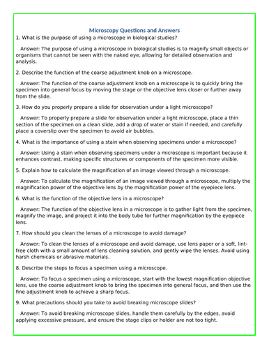 RP Microscopes KS4 worksheet questions and answers | Teaching Resources