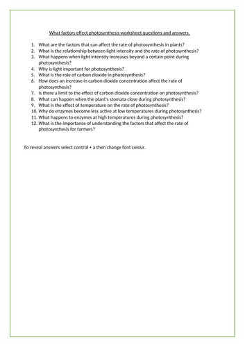 Factors effecting photosynthesis KS4 worksheet questions and answers ...
