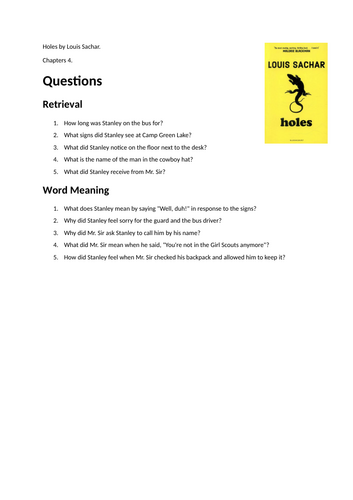 Year 5. Reading comprehension pack for Holes by Louis Sachar. First 5 ...