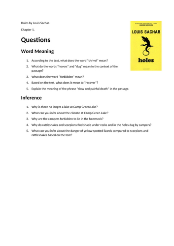 Year 5. Reading comprehension pack for Holes by Louis Sachar. First 5 ...