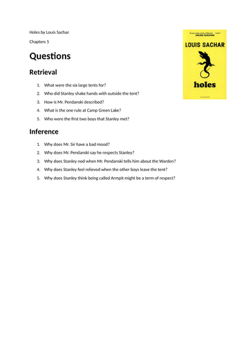 Year 5. Reading comprehension pack for Holes by Louis Sachar. First 5 ...