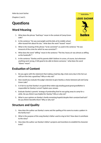 Year 5. Reading comprehension pack for Holes by Louis Sachar. First 5 ...