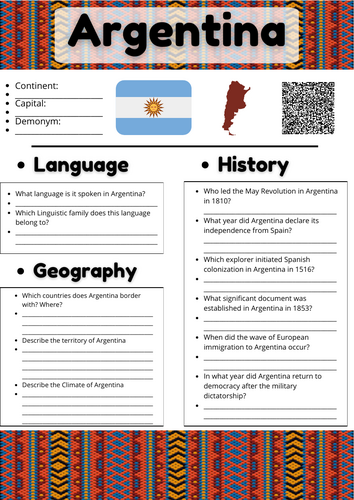 Country Study Worksheets on Argentina - South America | Teaching Resources