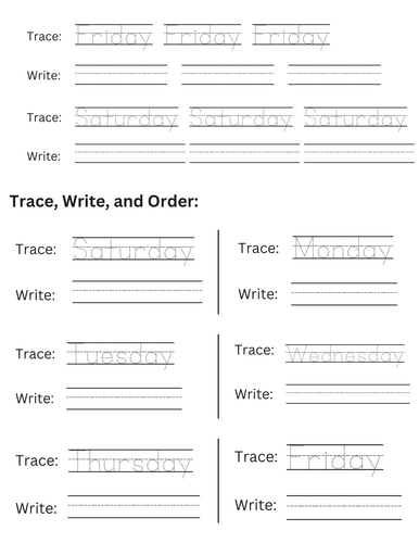 printable days of the week trace and write worksheet for kindergarten ...