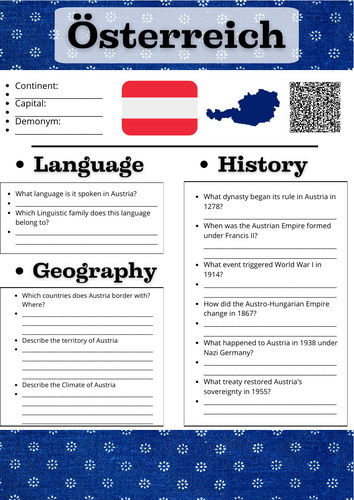 Country Study Worksheets on Austria - Europe | Teaching Resources