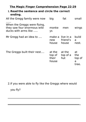 The Magic Finger Comprehension pages 22-29 | Teaching Resources