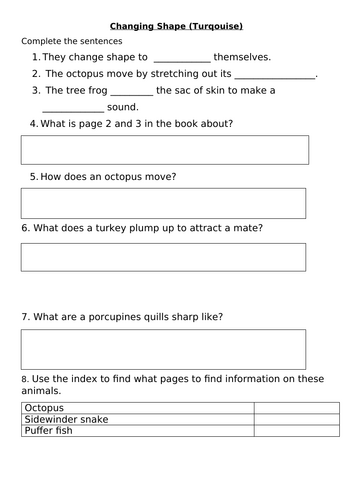 Rigby Star Changing Shape Turquoise Comprehension questions | Teaching ...