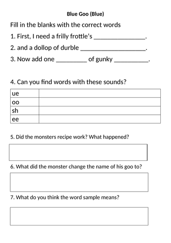 Blue Goo Rigby Star reading Comprehension worksheet | Teaching Resources