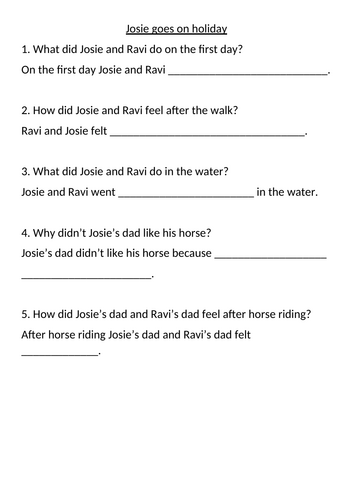Josie Goes on Holiday Rigby Star Green Reading Questions Comprehension ...