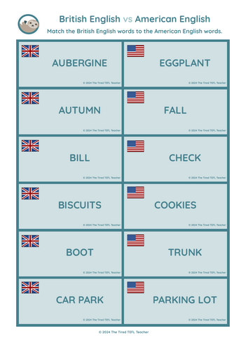 ESL British English vs American English Matching Cards | Teaching Resources