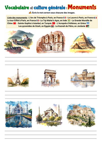 (French A1.1 - 1st grade) Vocabulary: LANDMARKS (monuments) | Teaching ...