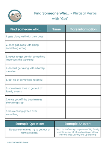 ESL Find Someone Who Activity - Phrasal Verbs with Get | Teaching Resources