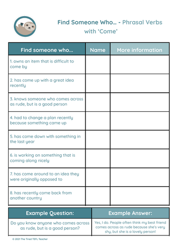 ESL Find Someone Who Activity - Phrasal Verbs with Come | Teaching ...