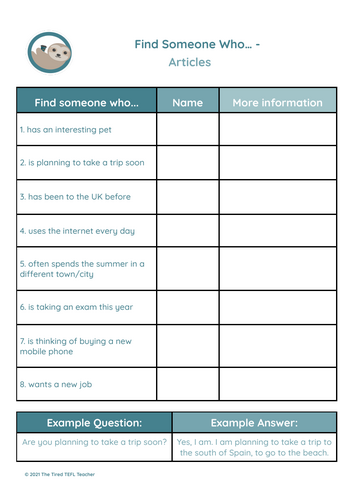 ESL Find Someone Who Activity - Articles (A, An, The) | Teaching Resources