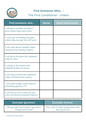 ESL Find Someone Who Activity - The First Conditional with Unless ...