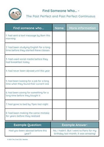 ESL Find Someone Who Activity - The Past Perfect Simple and Past ...