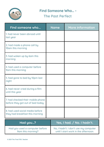 ESL Find Someone Who Activity - The Past Perfect | Teaching Resources