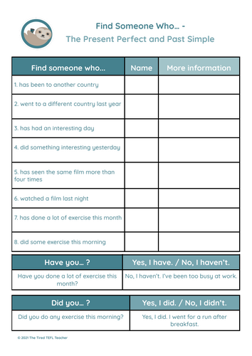 ESL Find Someone Who Activity - The Present Perfect and Past Simple ...