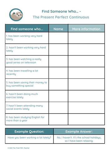 ESL Find Someone Who Activity - The Present Perfect Continuous ...