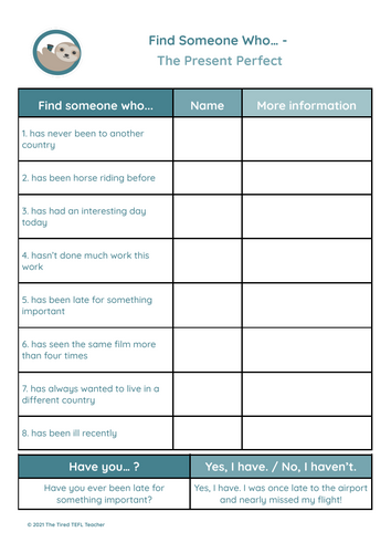ESL Find Someone Who Activity - The Present Perfect | Teaching Resources