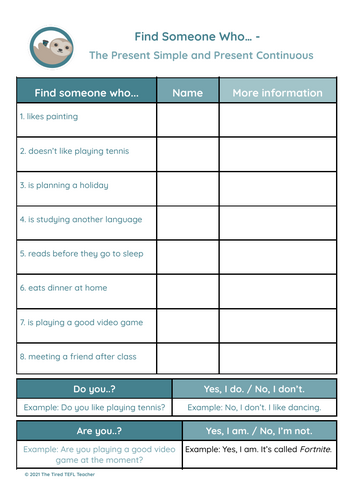 ESL Find Someone Who Activity - The Present Simple and Present ...