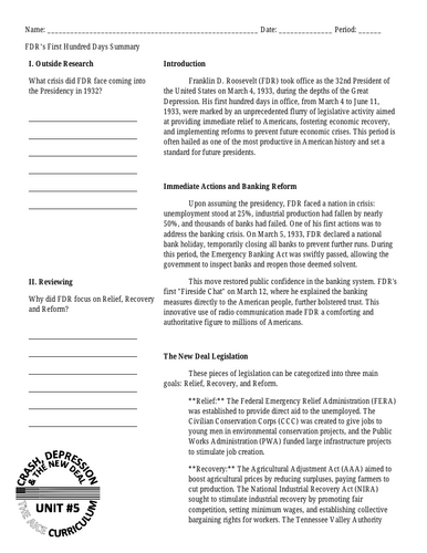 FDR's First Hundred Days Summary | Teaching Resources