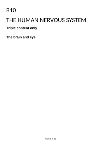 B10 The Human Nervous System (TRIPLE lessons only - Eye/ Brain) GCSE ...