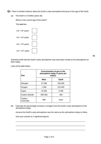 C11 The Earth's Atmosphere (C13 TRIPLE) GCSE AQA | Teaching Resources