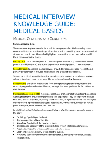 Medical Basics: Medicine Interview Notes | Teaching Resources