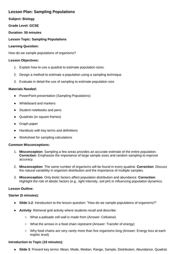 Igcse Biology Edexcel Sampling Populations Quadrats Teaching Resources