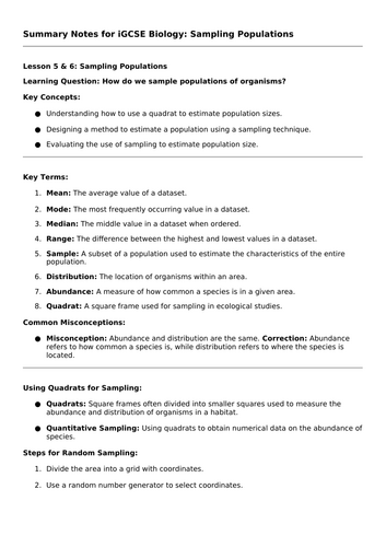 Igcse Biology Edexcel Sampling Populations Quadrats Teaching Resources