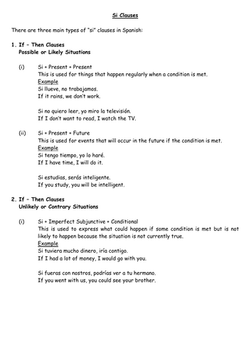 Spanish Si Clauses | Teaching Resources