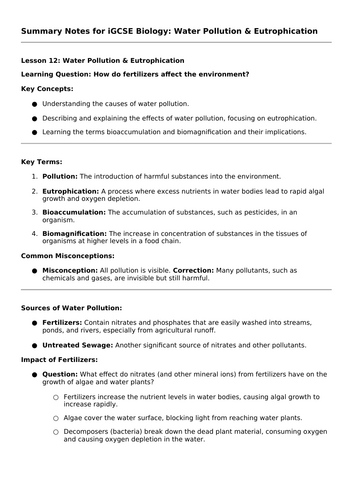 **iGCSE Biology Edexcel - WATER POLLUTION & EUTROPHICATION** | Teaching ...